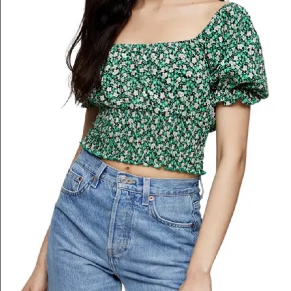 Topshop | Tops | Topshop Floral Puff Sleeve Crop Top Green Multi | Poshmark